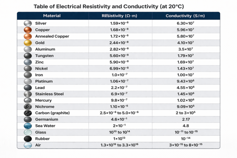 Table of Electrical Resistivity and Conductivity